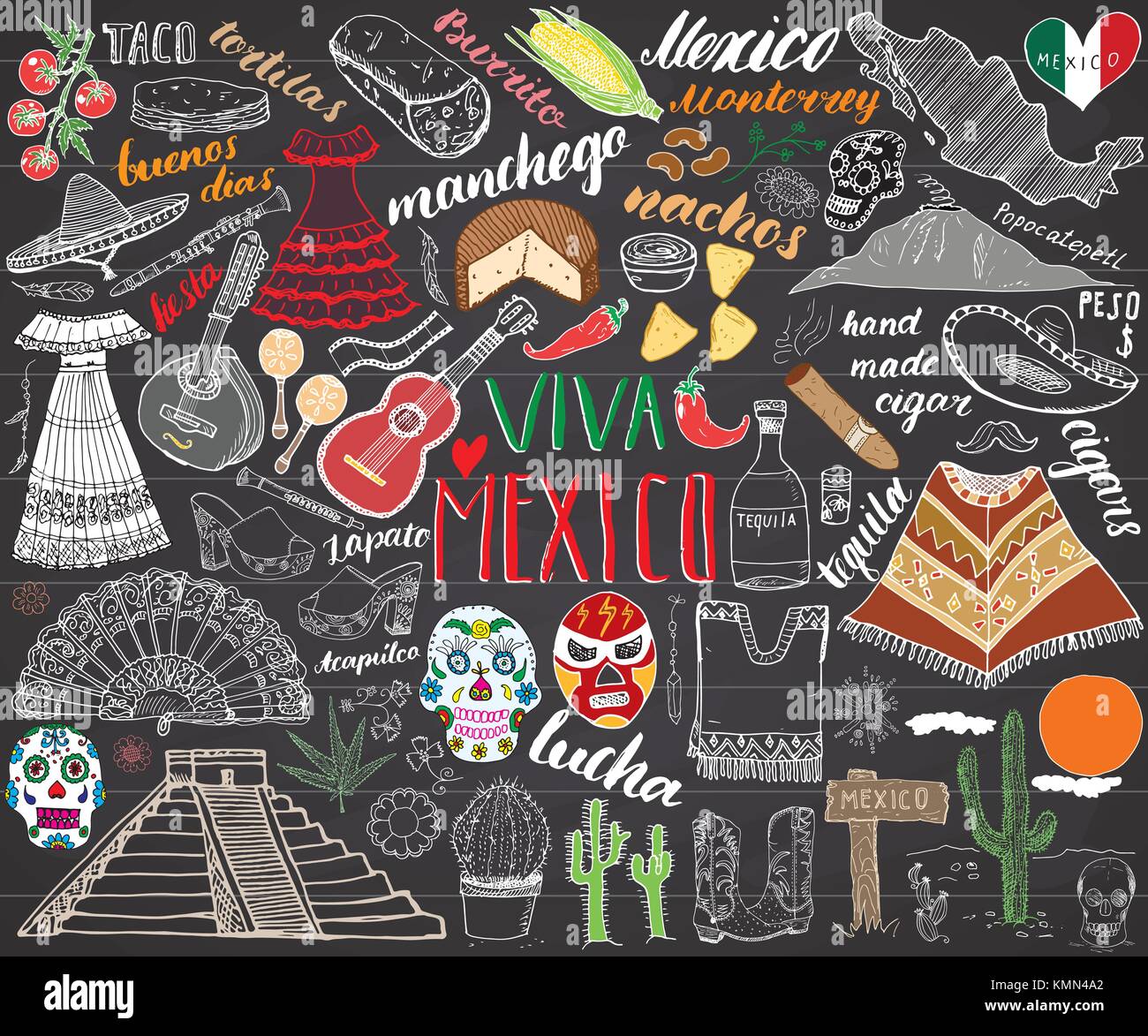 Mexico hand drawn sketch set vector illustration chalkboard Stock ...
