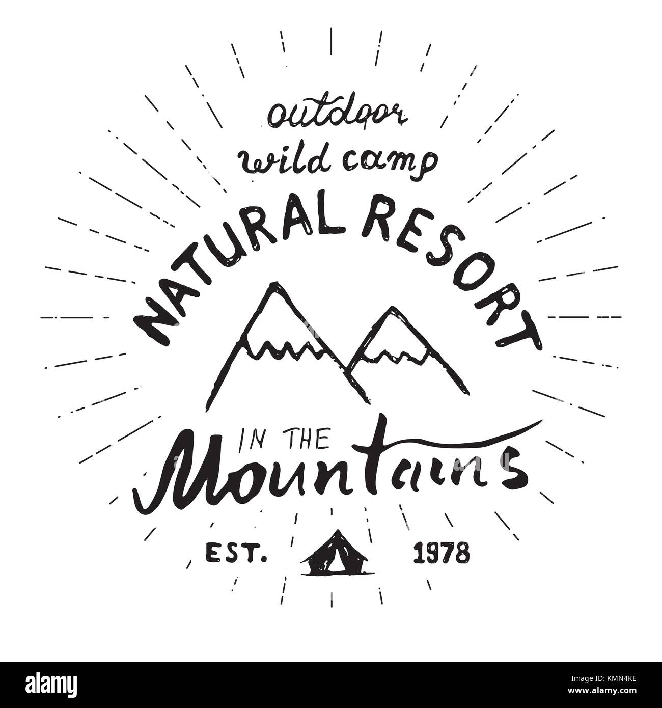 Mountains handdrawn sketch emblem. outdoor camping and hiking activity ...