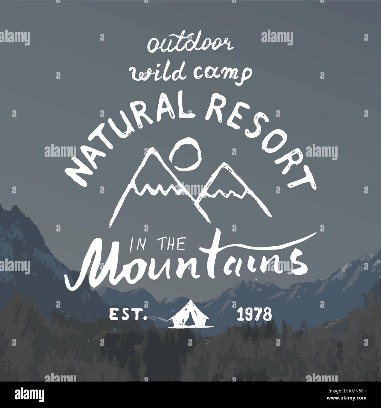 Mountains handdrawn sketch emblem. outdoor camping and hiking activity ...