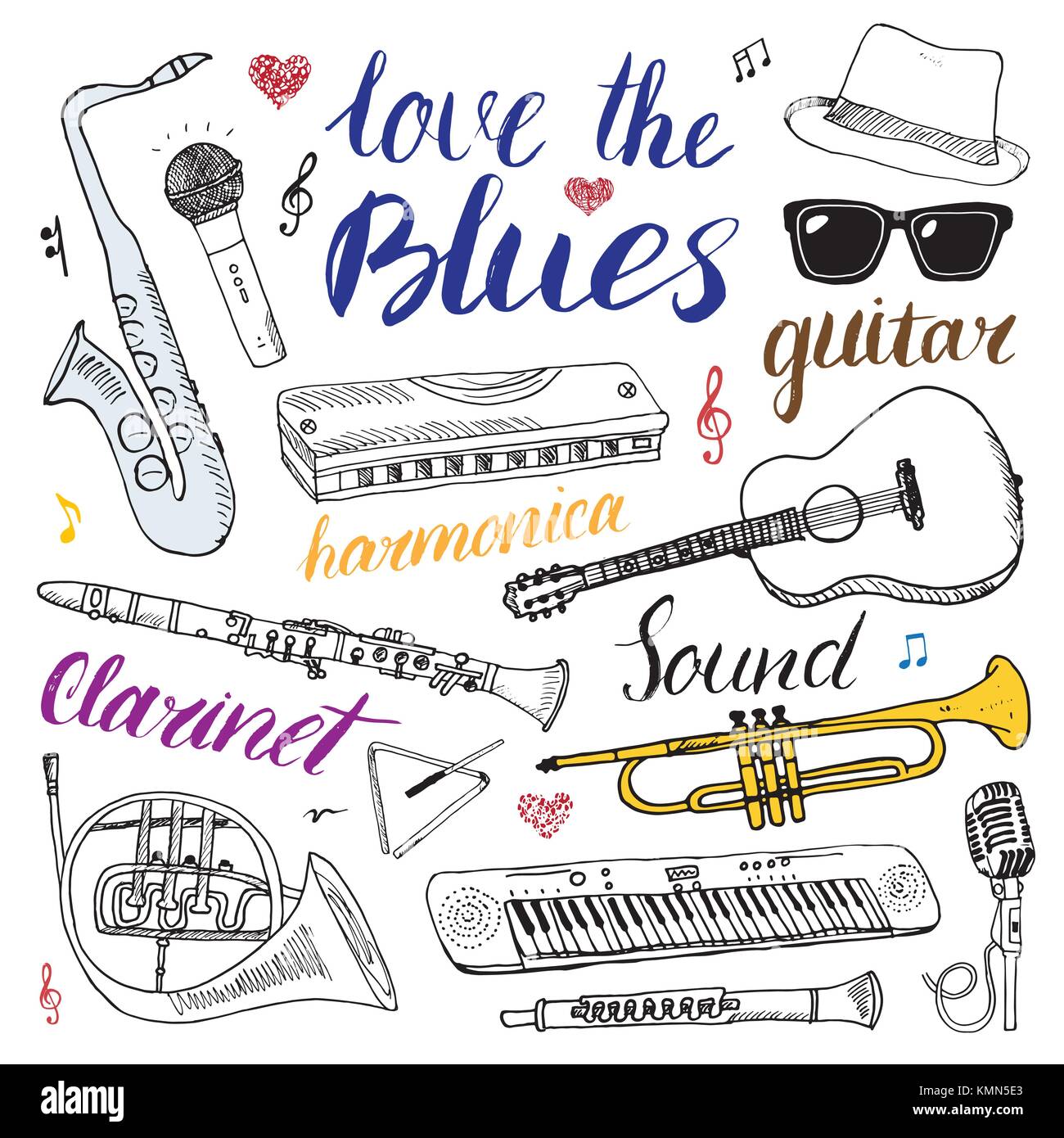 Music Instruments Set. Hand Drawn Sketch, Vector Illustration Isolated ...