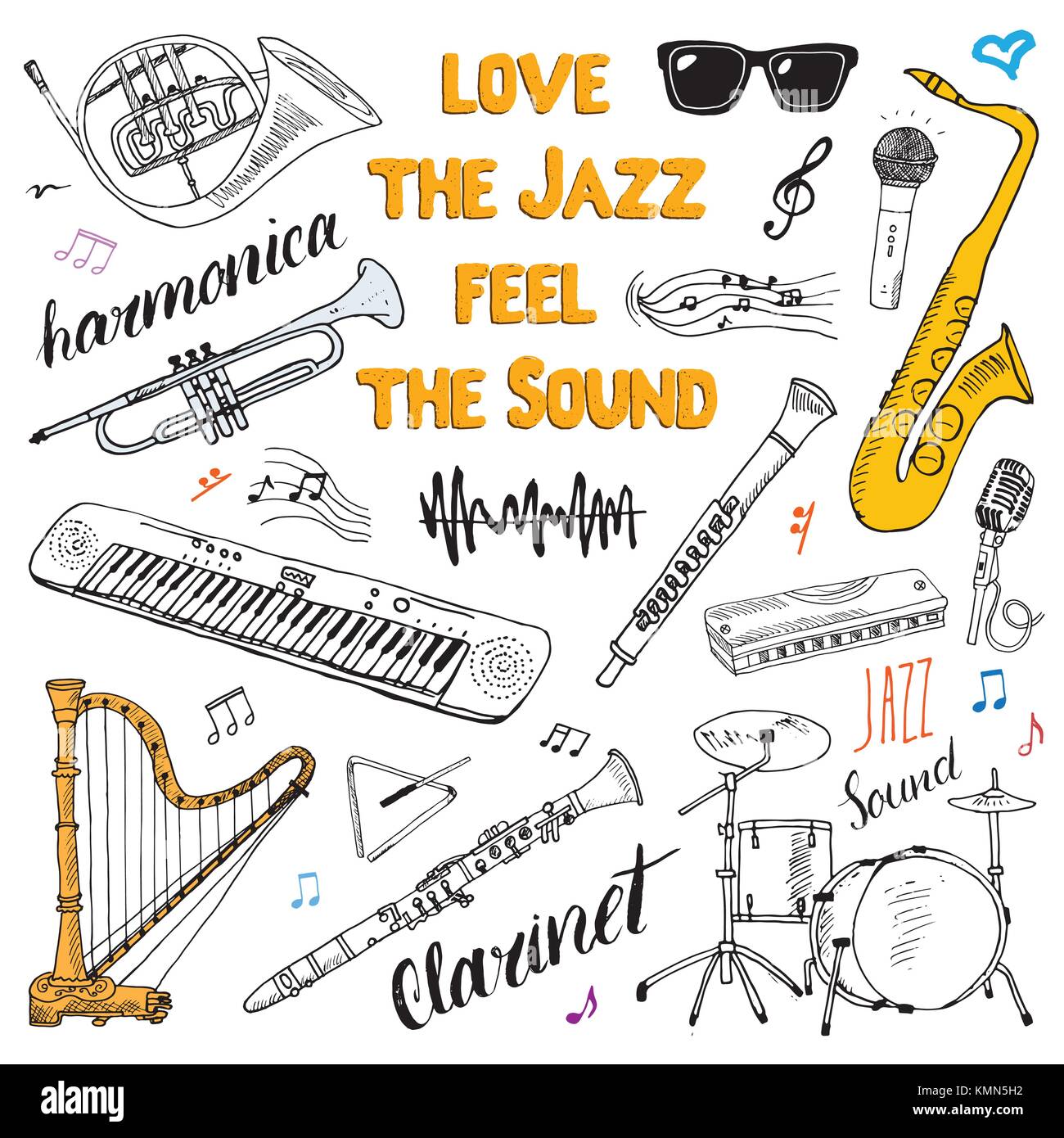 Music Instruments Set. Hand Drawn Sketch, Vector Illustration Isolated ...