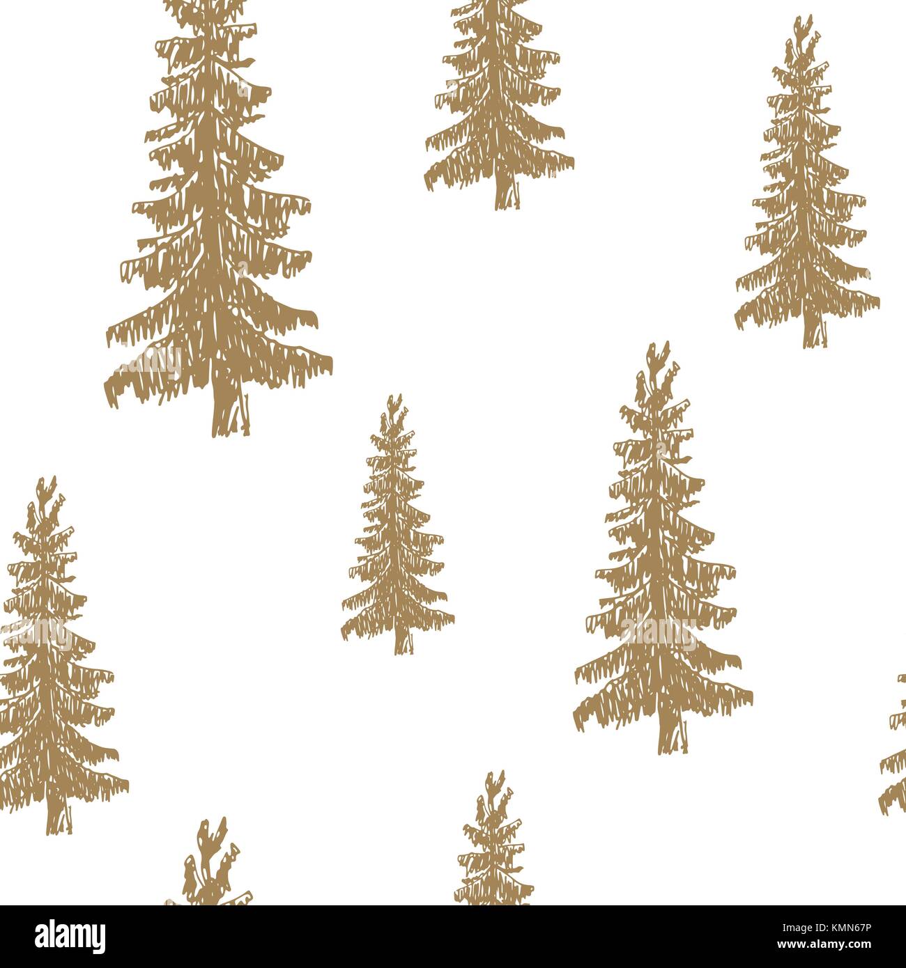 Pine tree hand drawn sketch retro, vintage Seamless Pattern. Vector ...