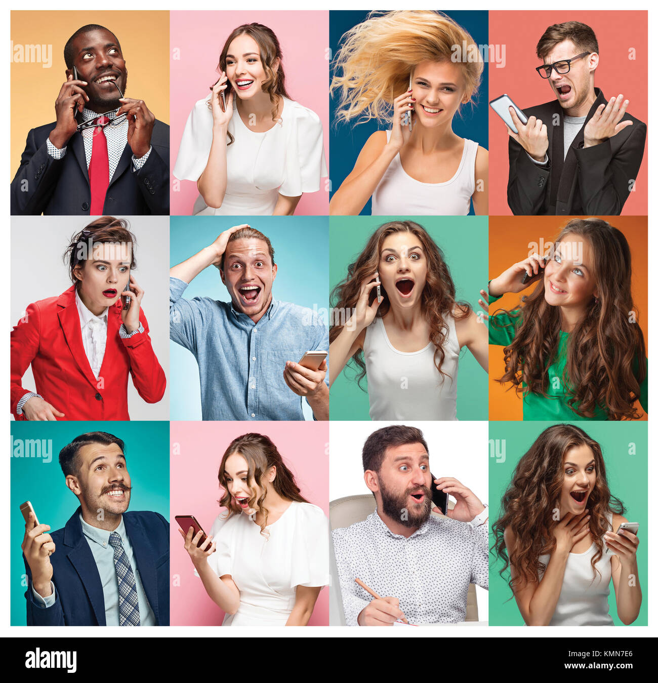 The collage of young men and women with mobile phones Stock Photo - Alamy