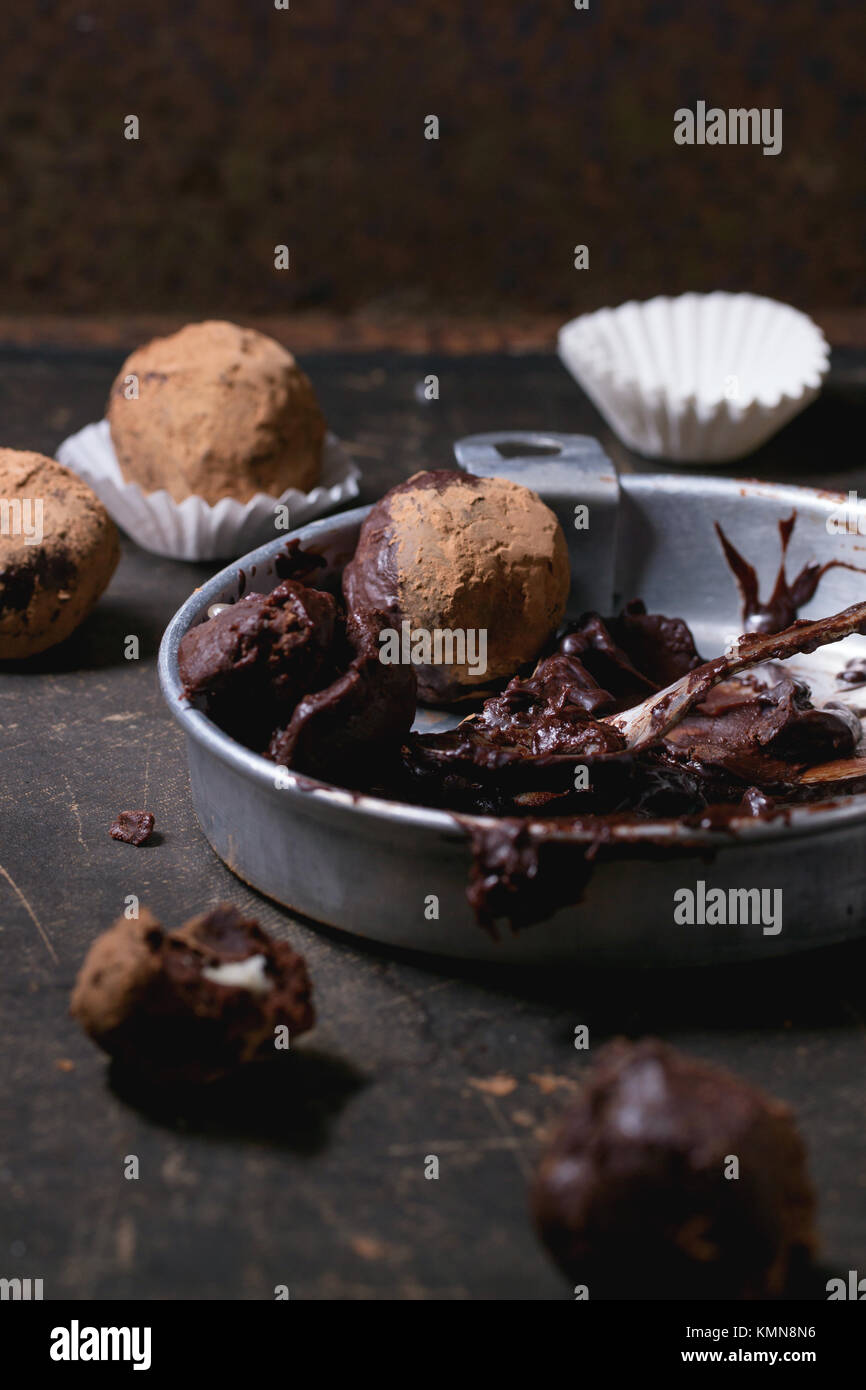 Aluminium plate with chocolate mixture for making chocolate truffles ...