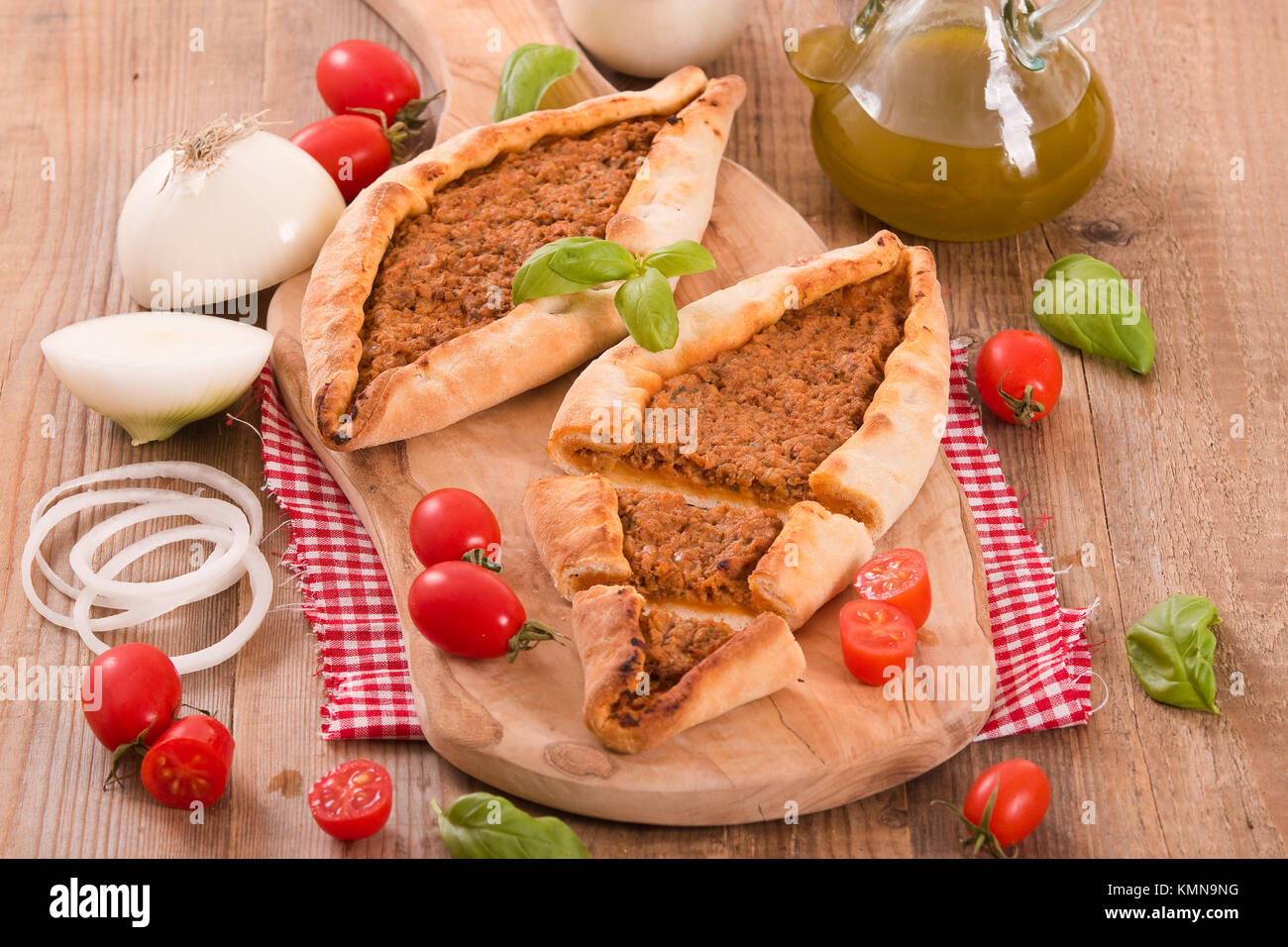 Turkish pide pizza with meat and onion Stock Photo - Alamy
