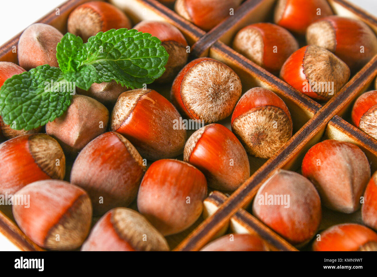 Walnut hazelnuts in a square wooden box with dividers on a white wooden ...