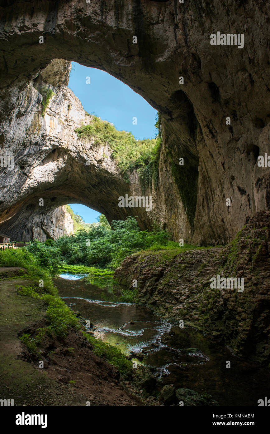 huge cave with holes on top and bushes inside Stock Photo - Alamy