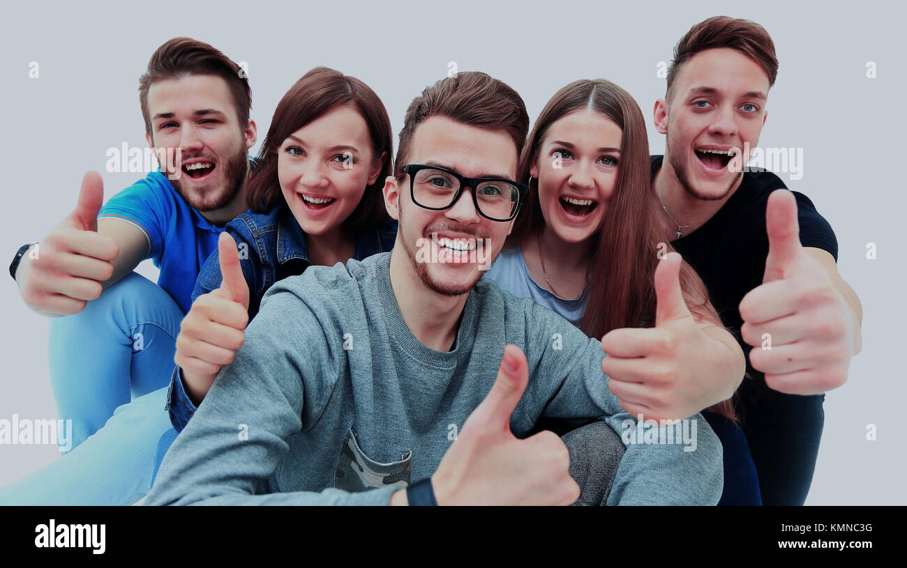 Happy joyful group of friends cheering isolated on white background ...