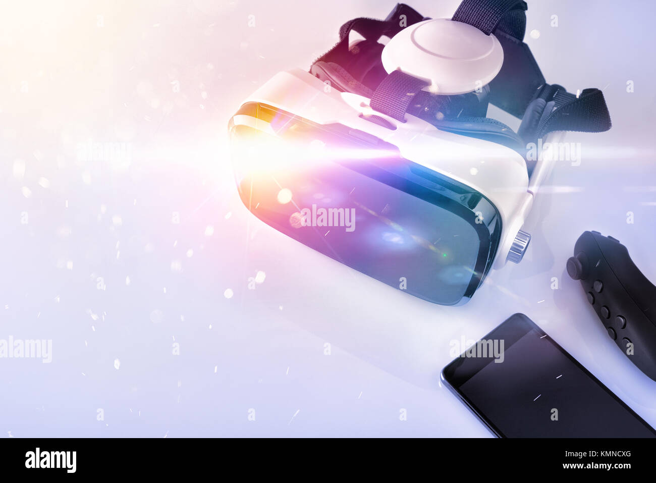 Black and white virtual reality glasses close up with colored lights on ...