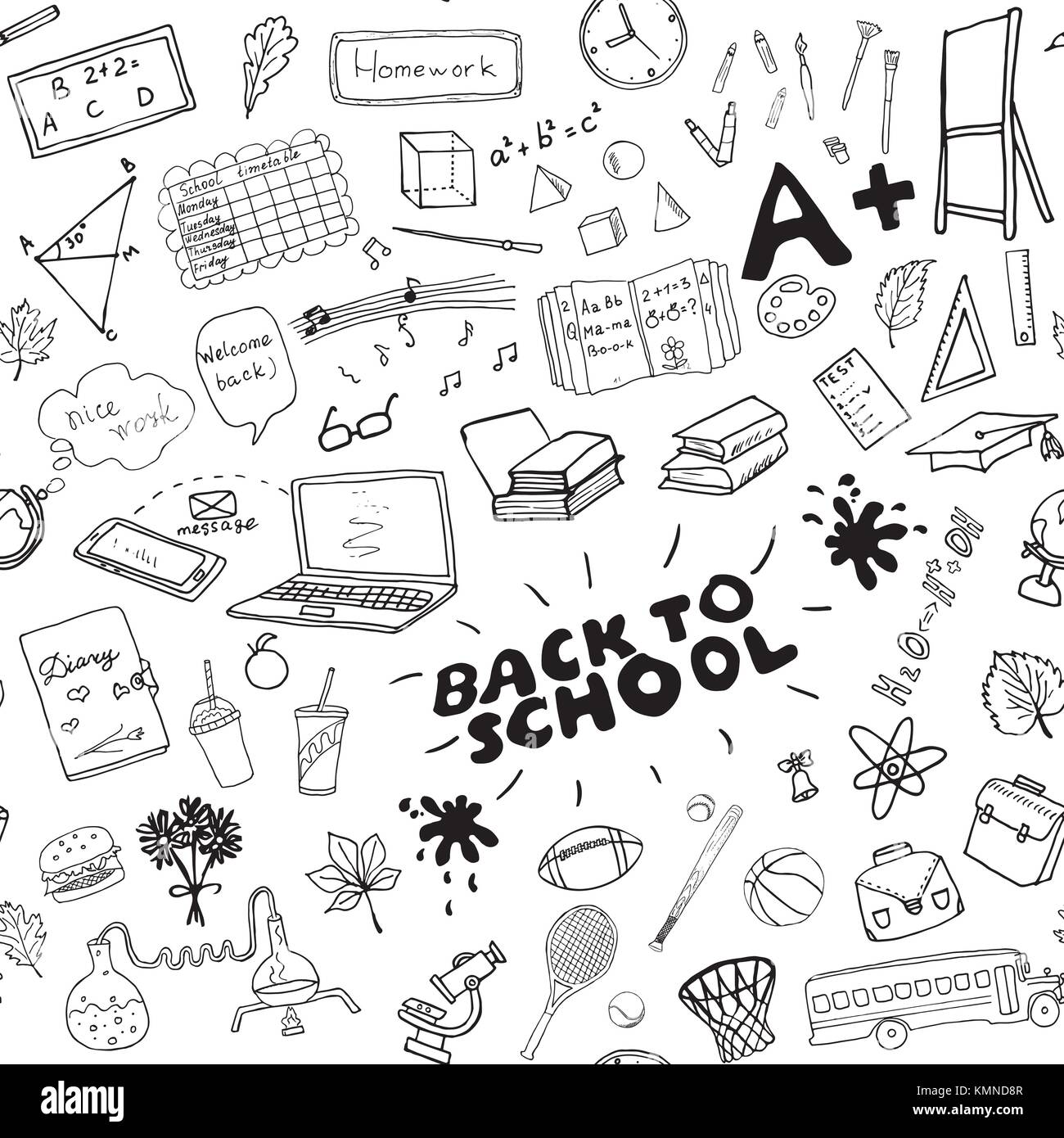 School seamless pattern HandDrawn Doodles, Vector Illustration Stock ...