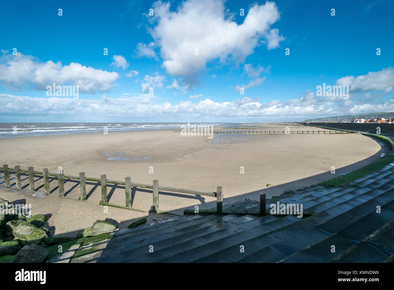 Splash Point beach at East of Rhyl on the North Wales coast looking ...