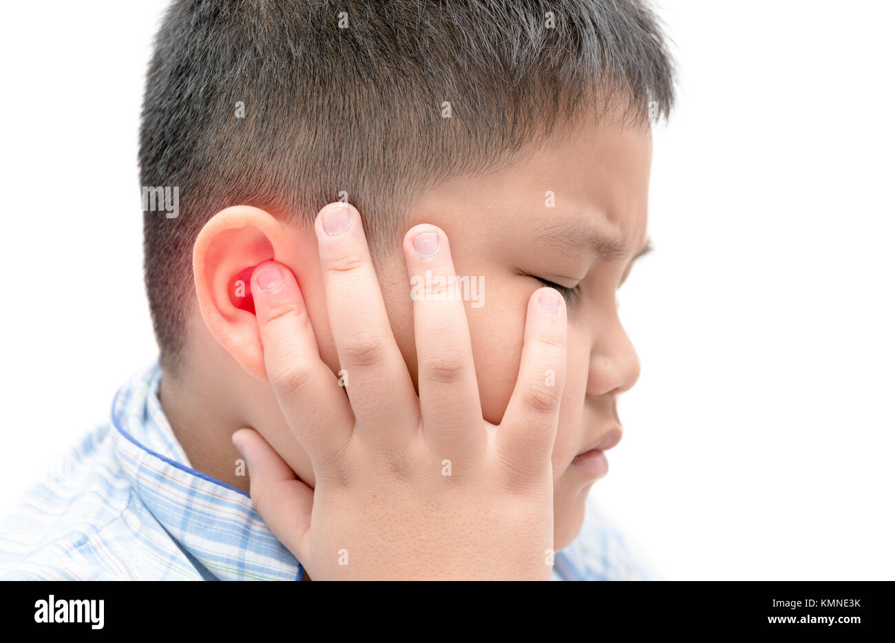 Obese fat boy touching his painful ear isolated on white background ...