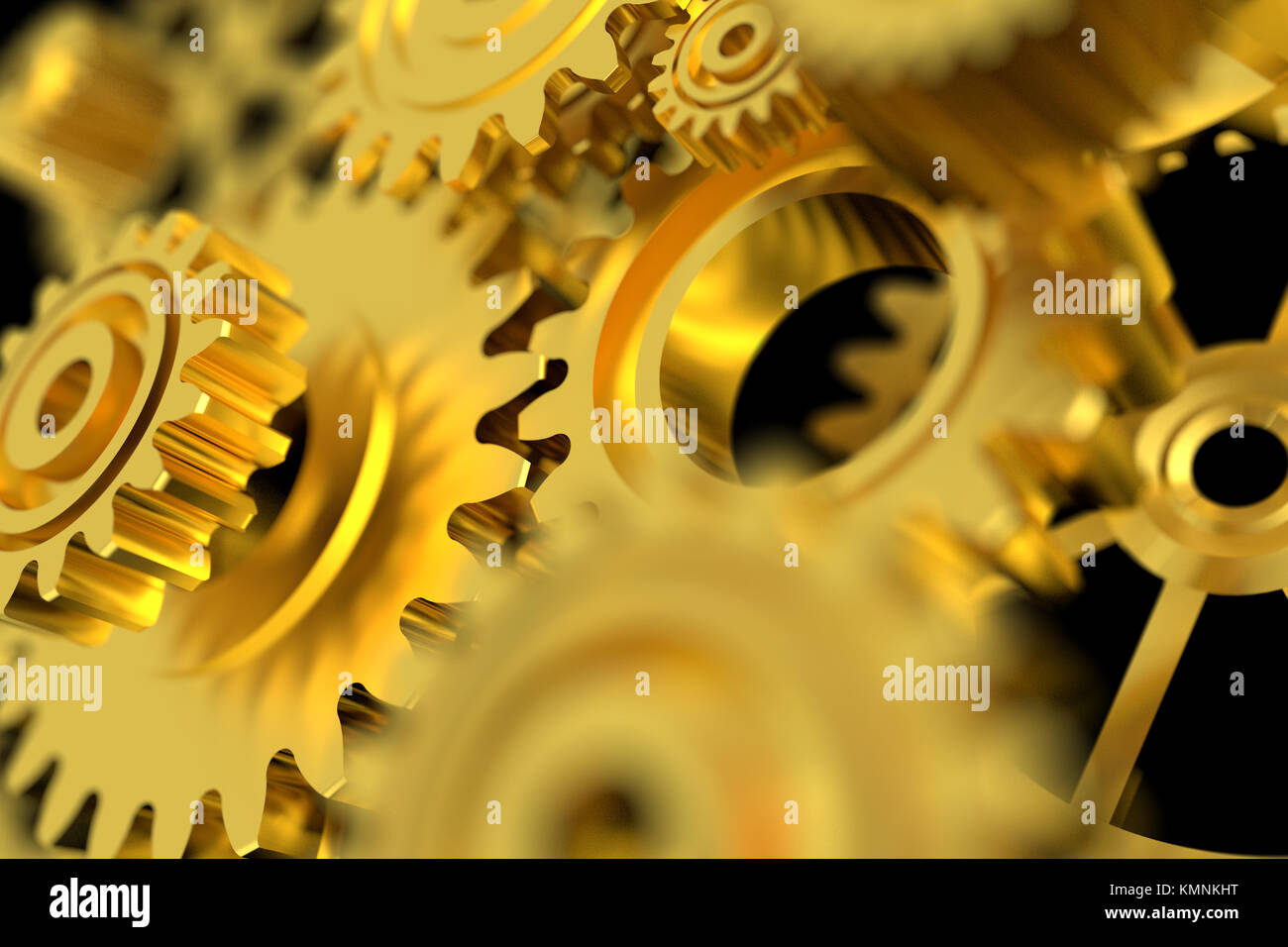 3D Render golden metal wheel gear on back background with shallow depth ...