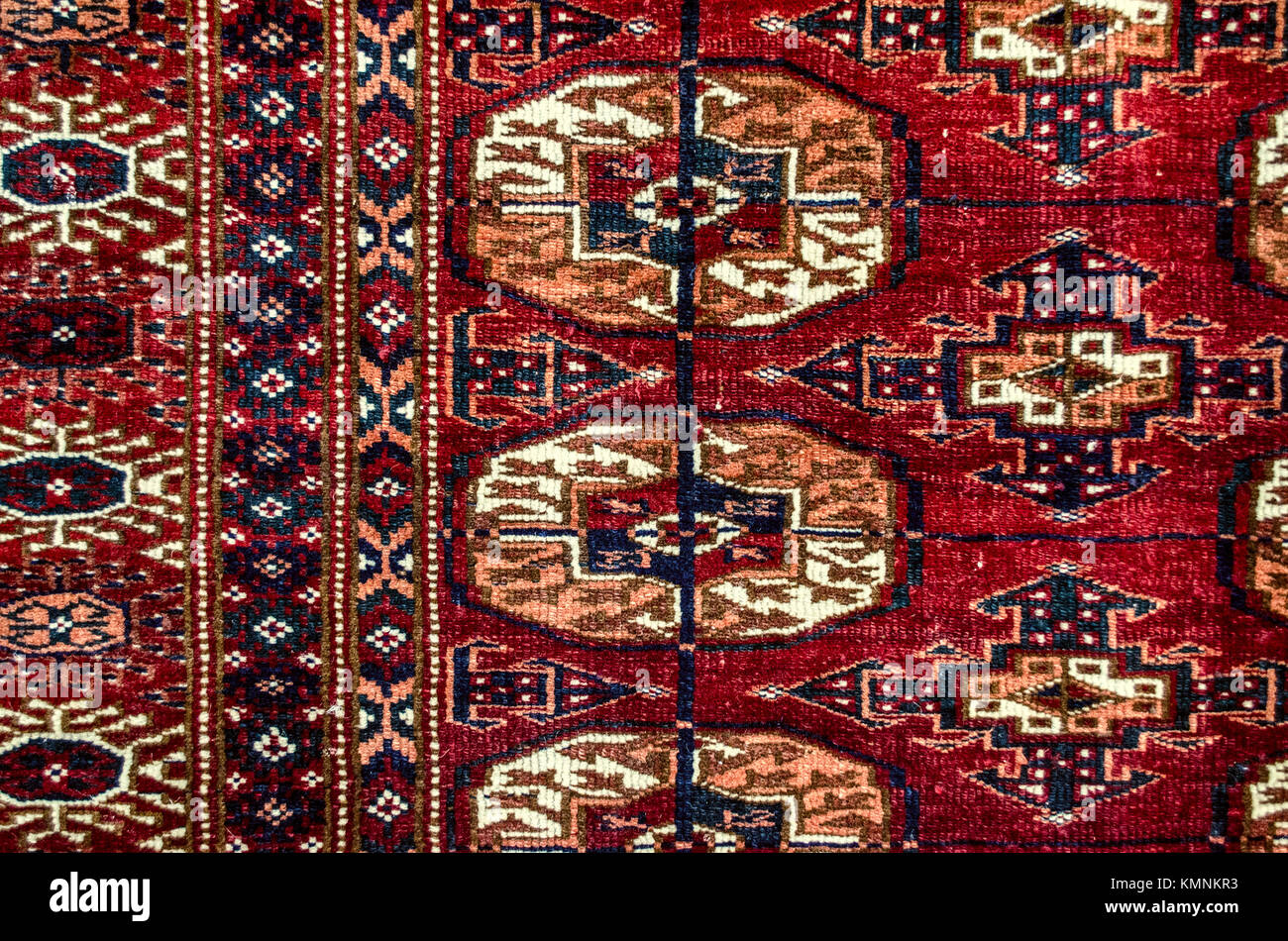 Detail of the borders patterns of the national Turkmen carpet woven ...