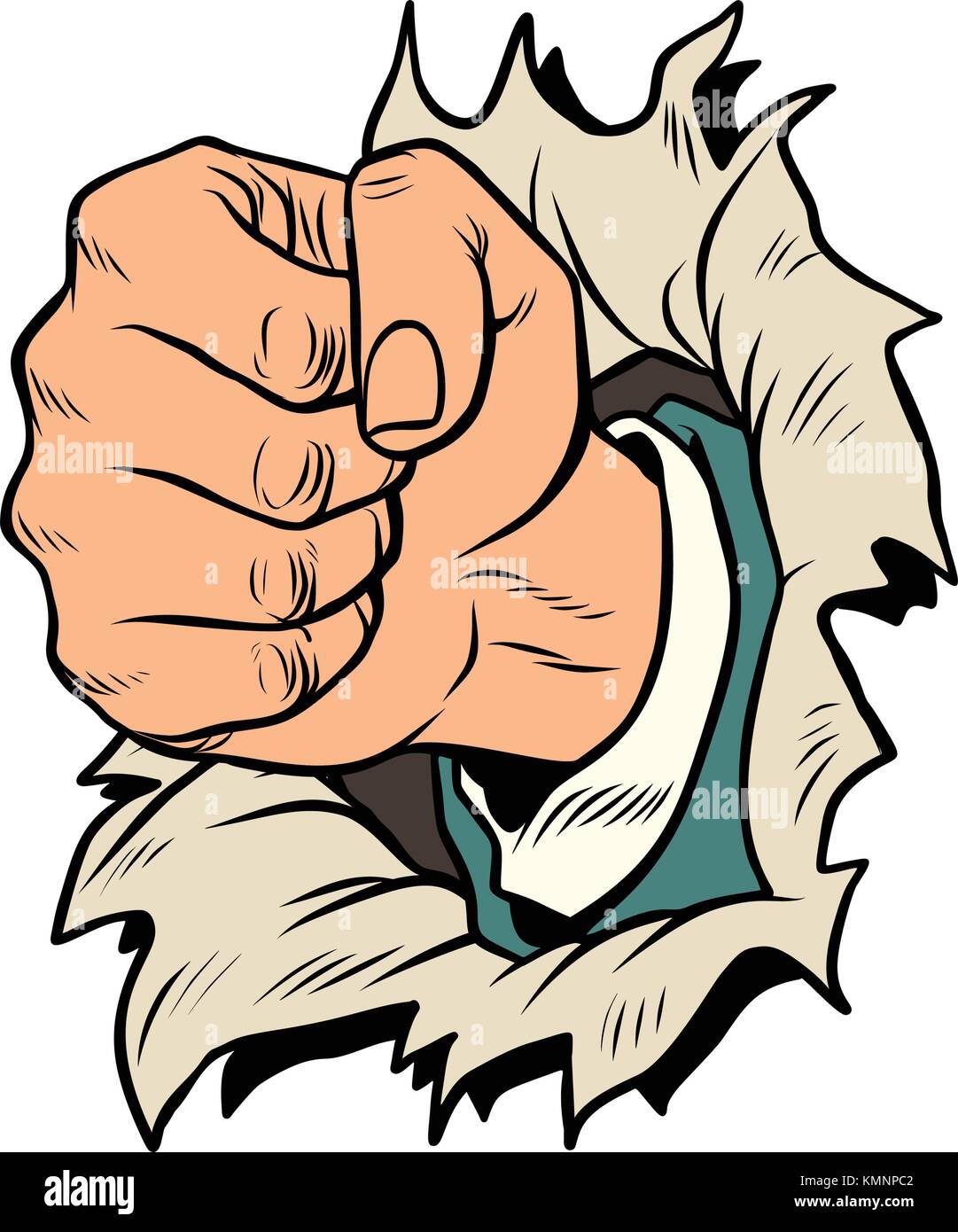 isolated on white background a fist punches the paper. Pop art retro ...