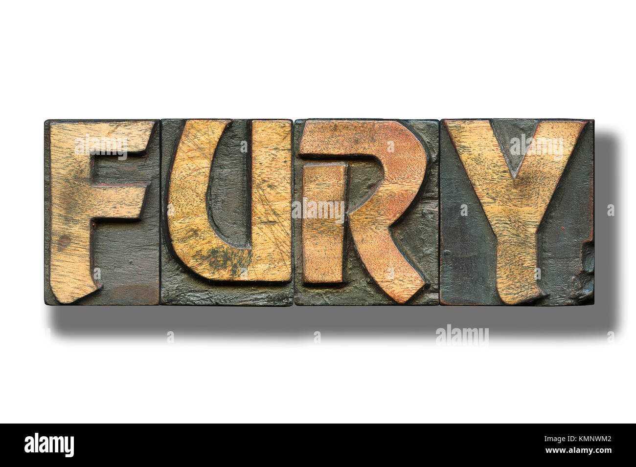 fury word made from vintage letterpress blocks on white with shadow ...