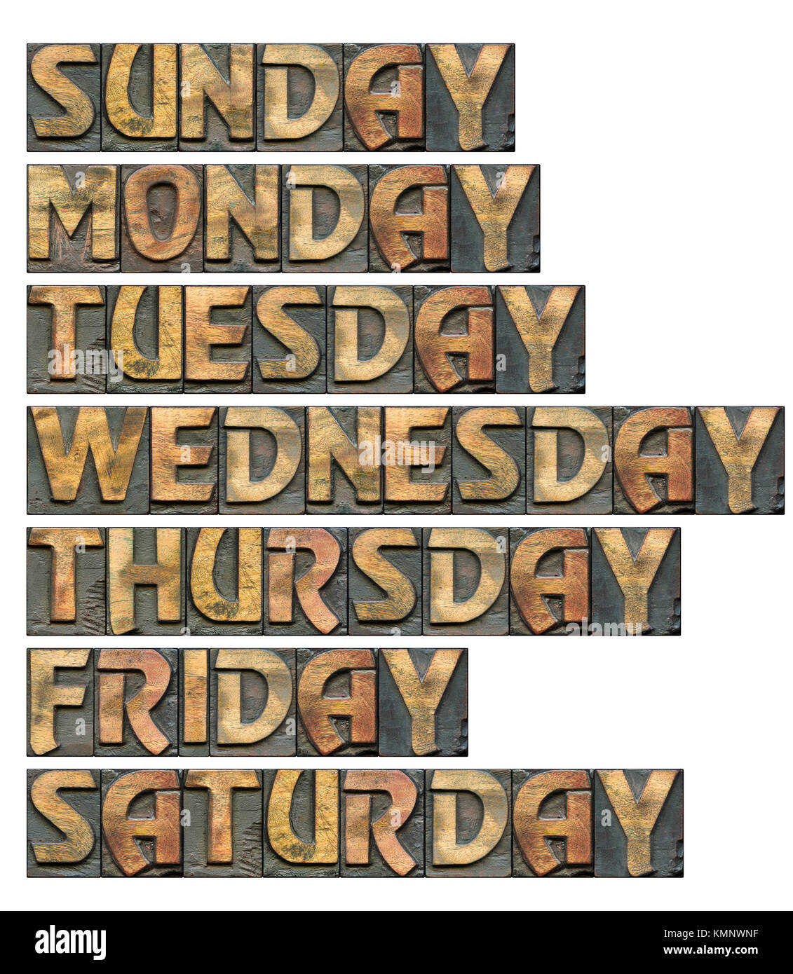 weekdays set composed from ancient wooden letterpress type on white ...