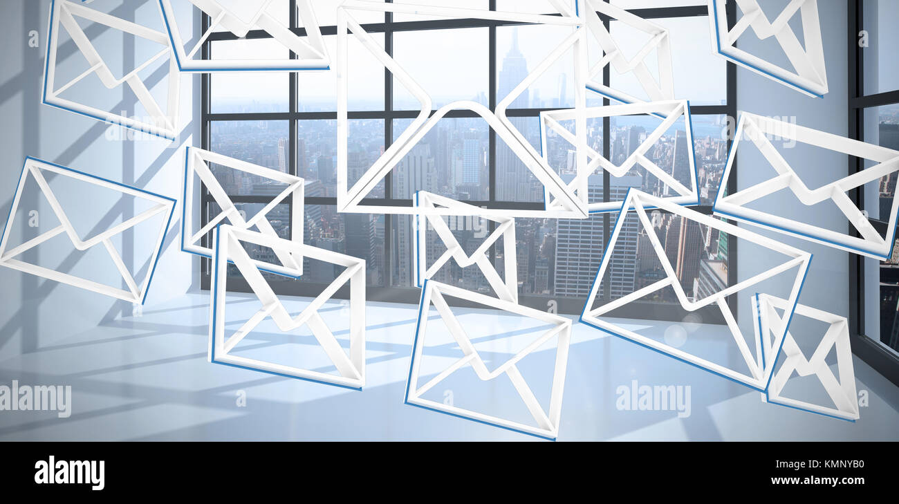 Multiple message symbols against room with large window showing city ...