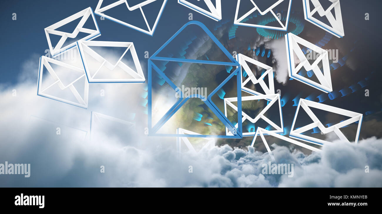Multiple message symbols against idyllic view of sun over cloudscape ...