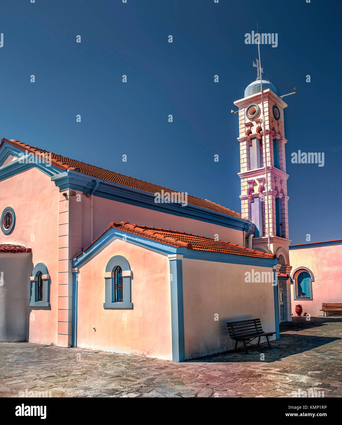 beatifull greek church with sunlighted tower Stock Photo - Alamy