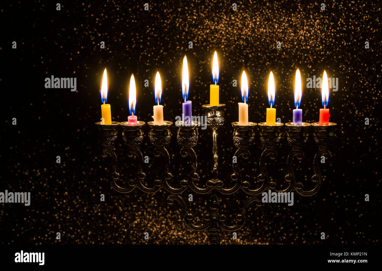 Image of the Hanukkah Jewish holiday with a menorah and burning candles ...