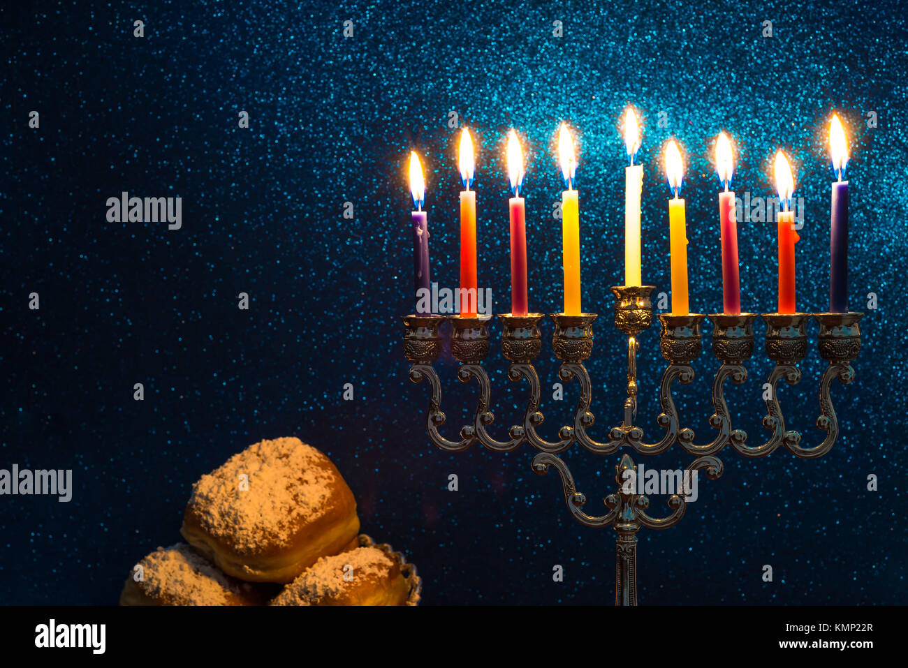 Image of the Hanukkah Jewish holiday with a menorah and burning candles ...