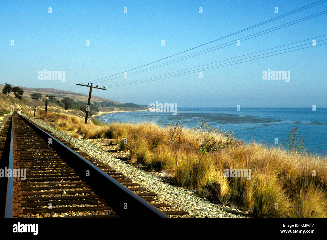 Railroad tracks and power lines running parallel to the Pacific ocean ...
