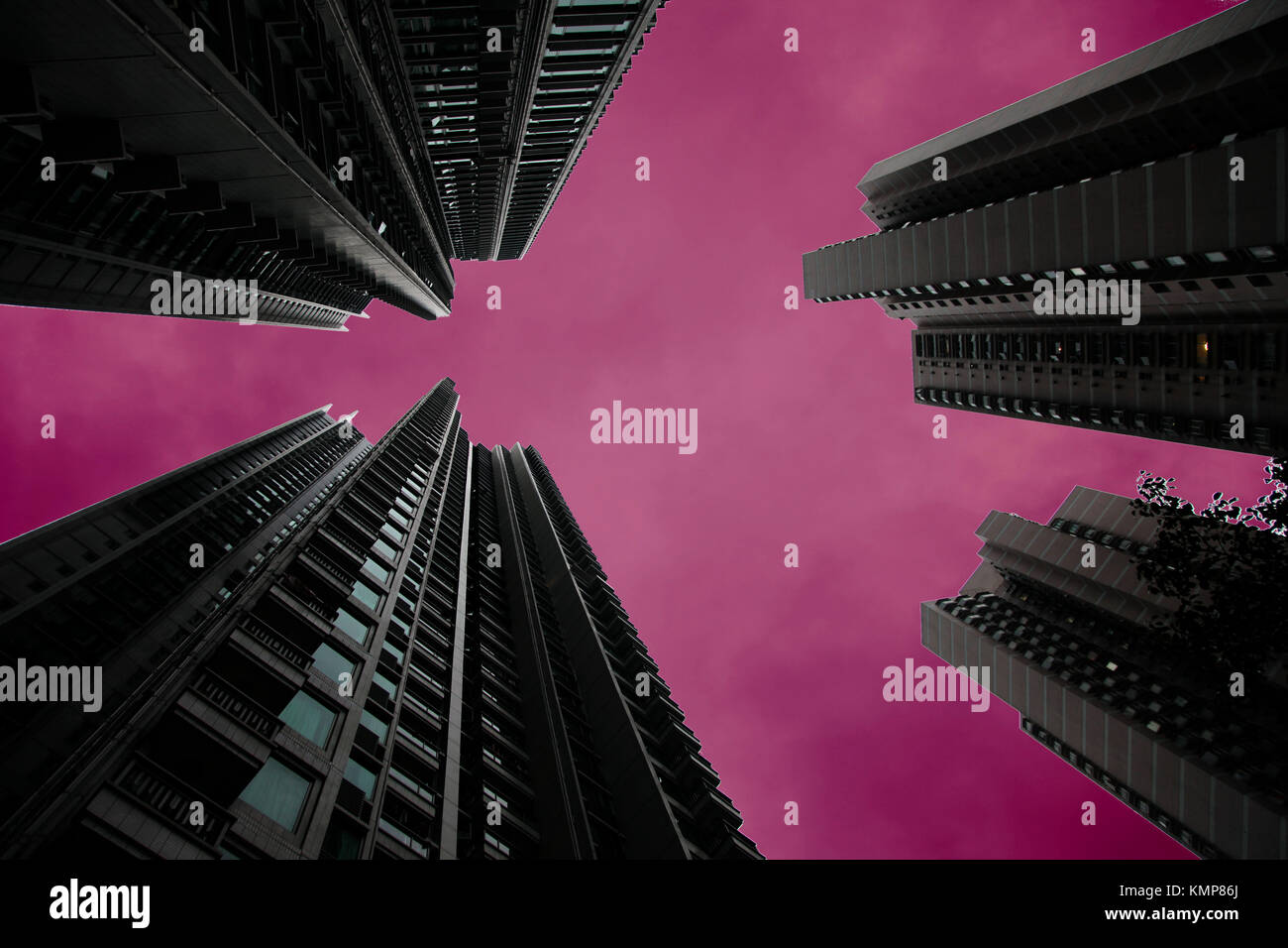 Perspective view of 4 tower buildings from underneath or below Stock ...