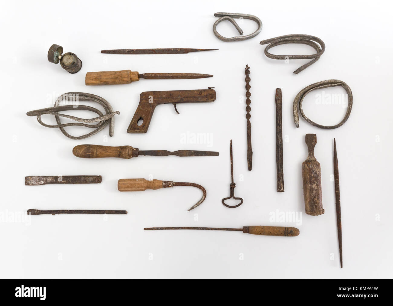 Ancient tools for crafts of 1900, placed on a white background Stock ...