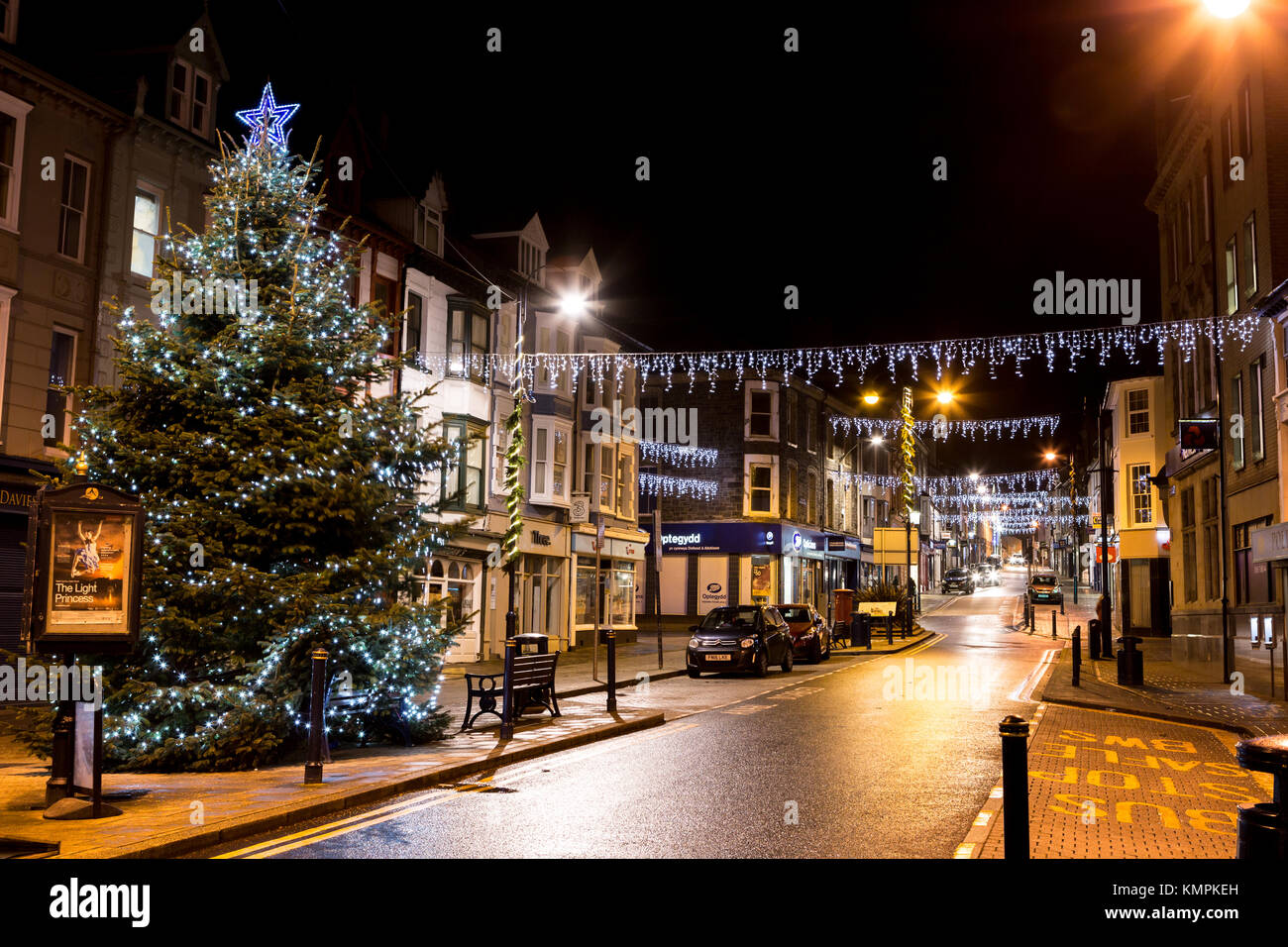 Christmas decorations in Aberystwyth town during December 2017 Stock ...