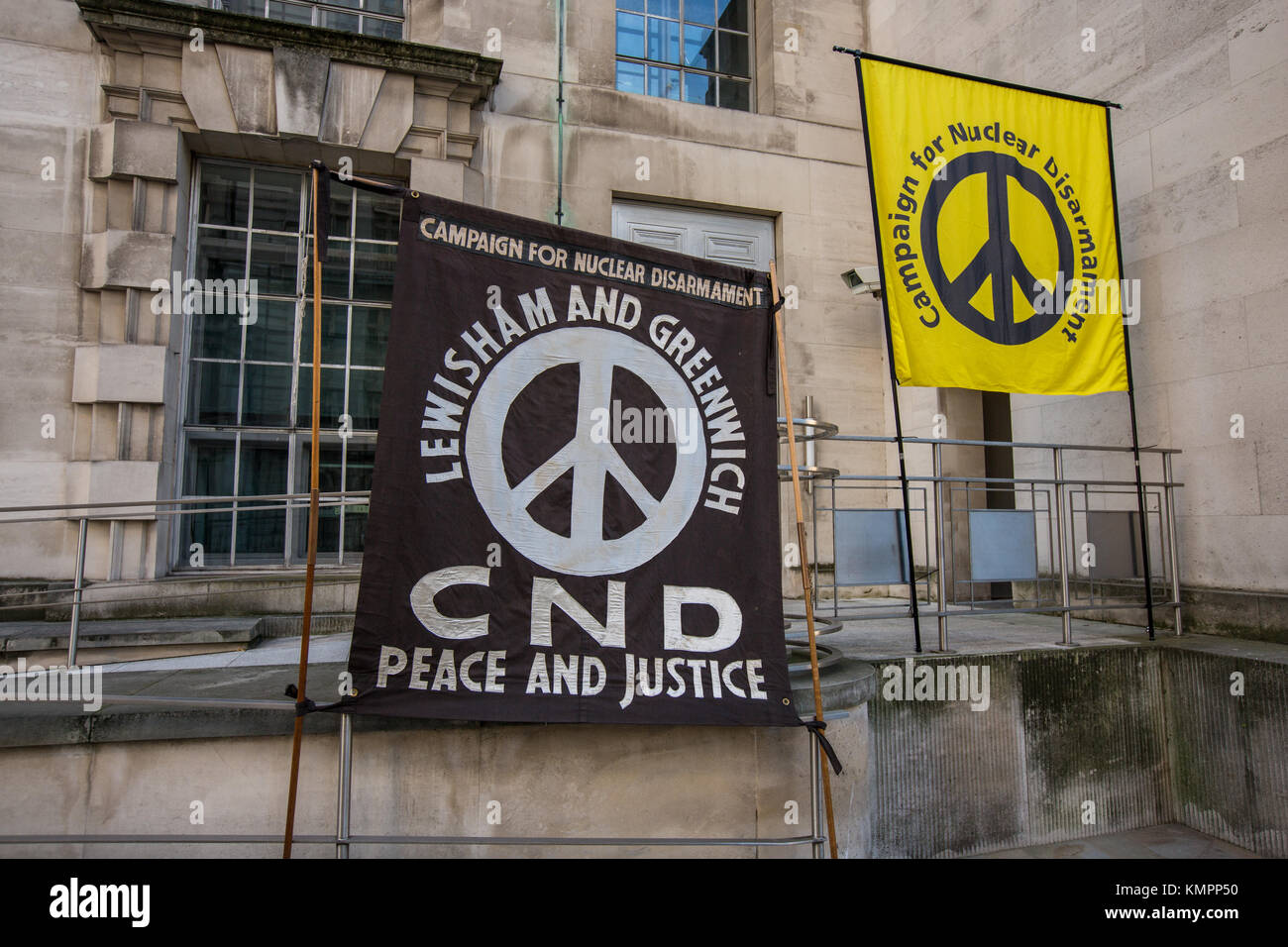 London, UK. 9 December 2017. CND banners at the MoD as crowds gathered ...