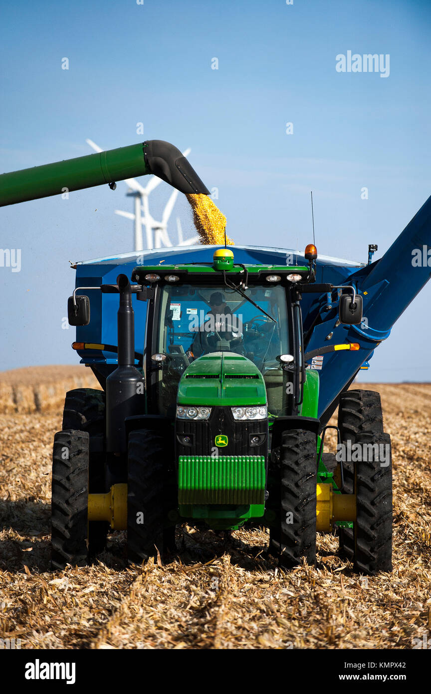 COMBINE LOADING CORN INTO HOPPER WITH VIEW OF WINDMILLS ON A FAMILY ...