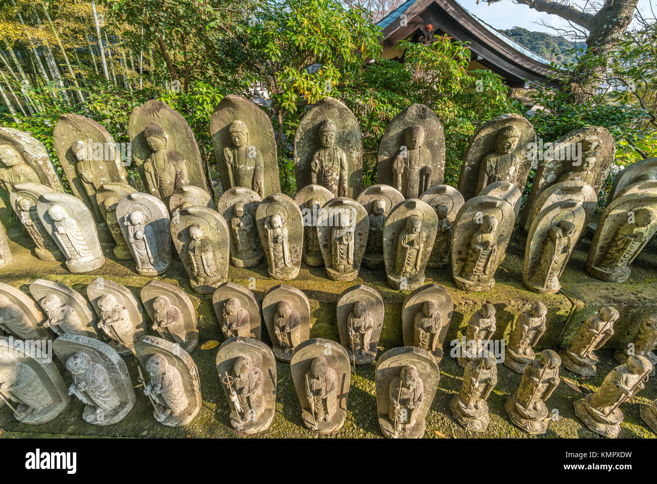 Ancient stone-carved Jizo statues in Haze-dera temple or Hase-kannon ...