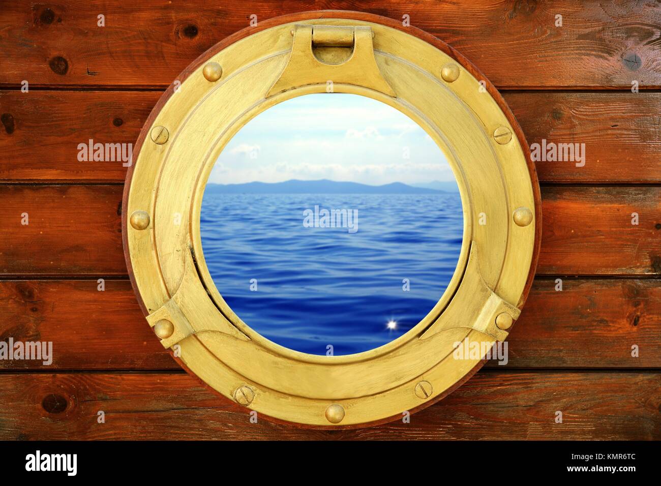 Boat closed porthole with seascape vacation ocean view Stock Photo - Alamy