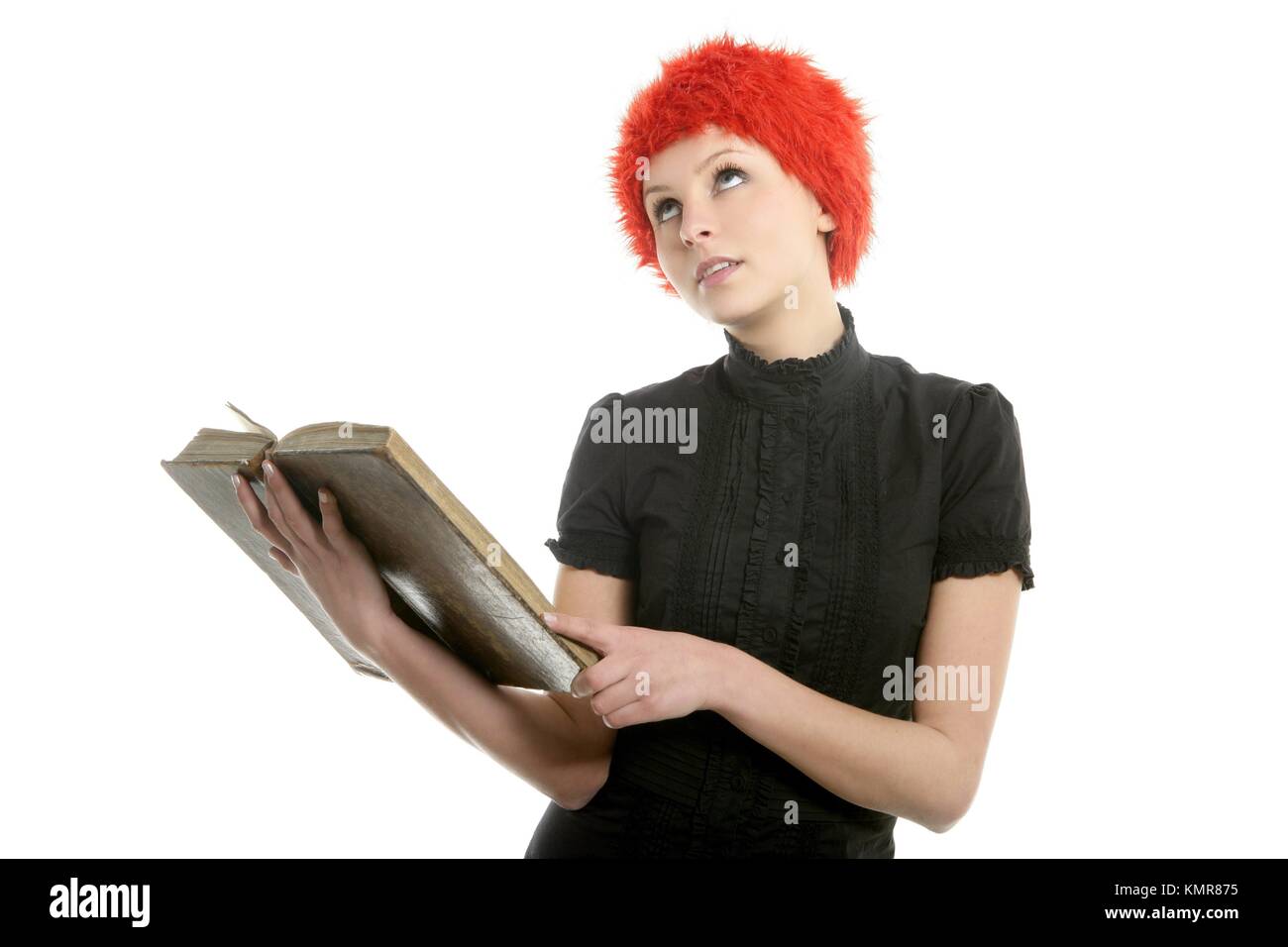 Beautiful woman, orange wig reading old book, isolated on white Stock ...