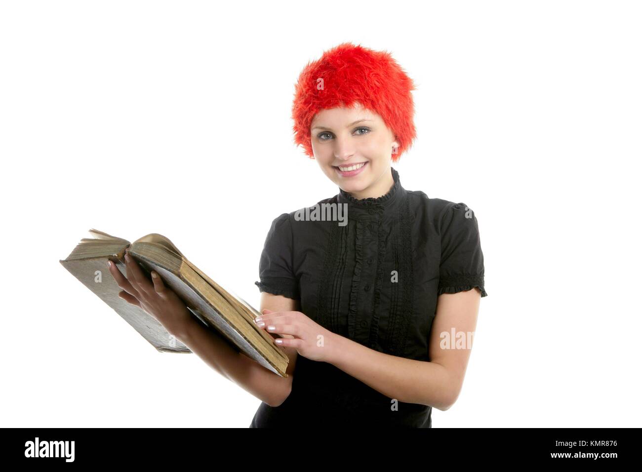Beautiful woman, orange wig reading old book, isolated on white Stock ...