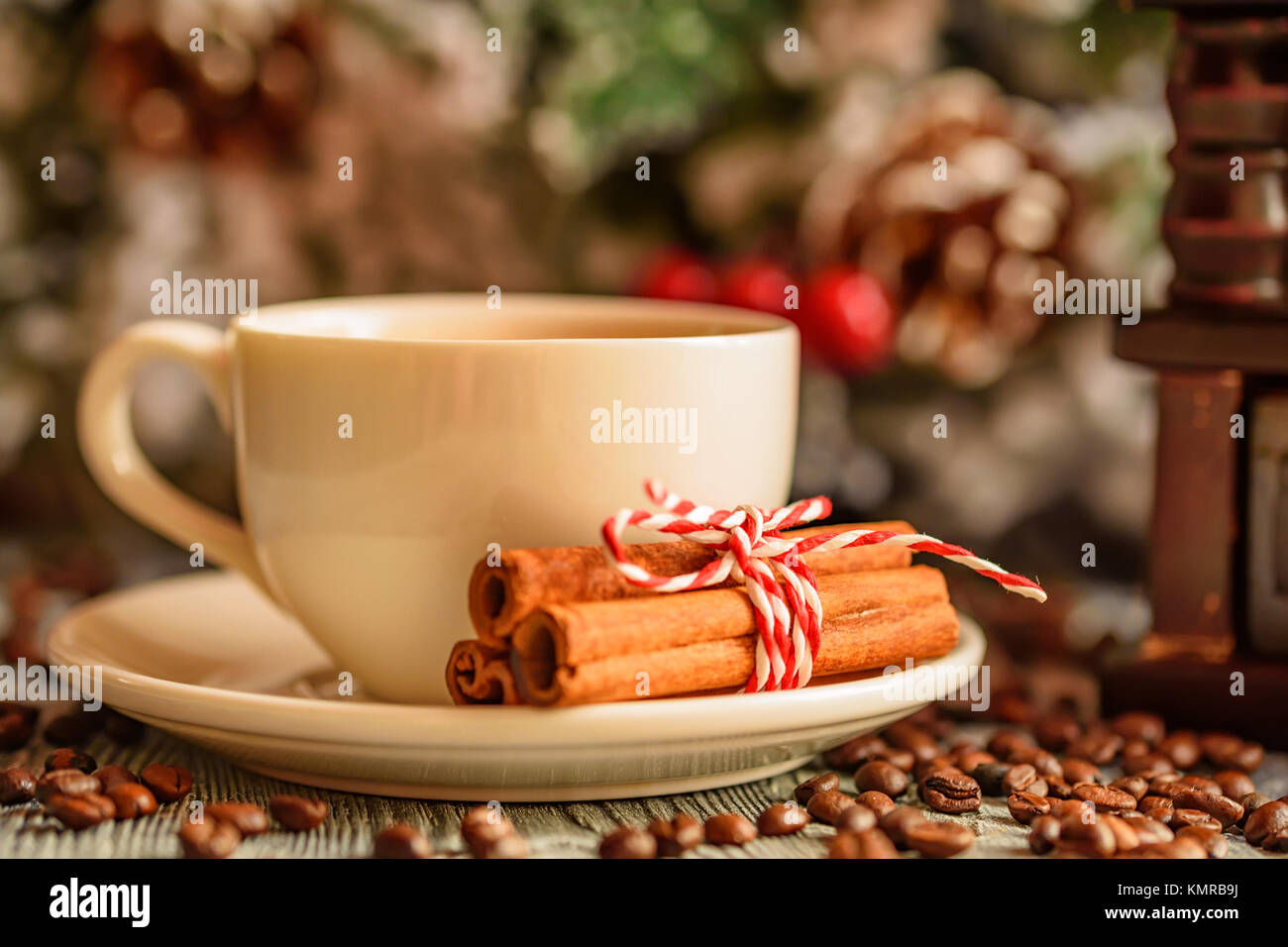 Cozy winter setting with cup of coffee Stock Photo - Alamy