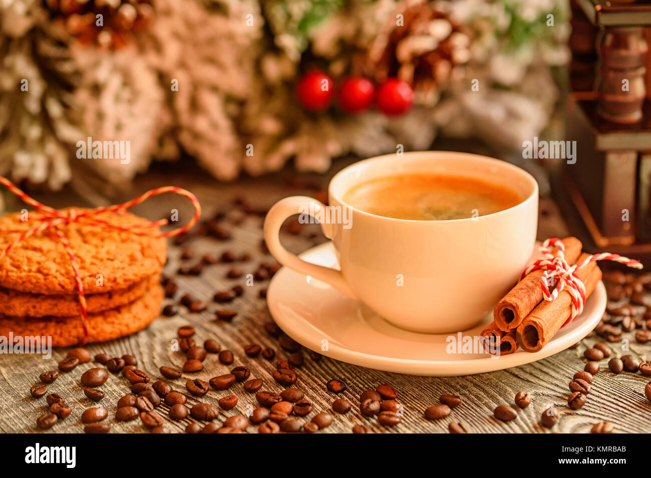 Cozy winter setting with cup of coffee Stock Photo - Alamy