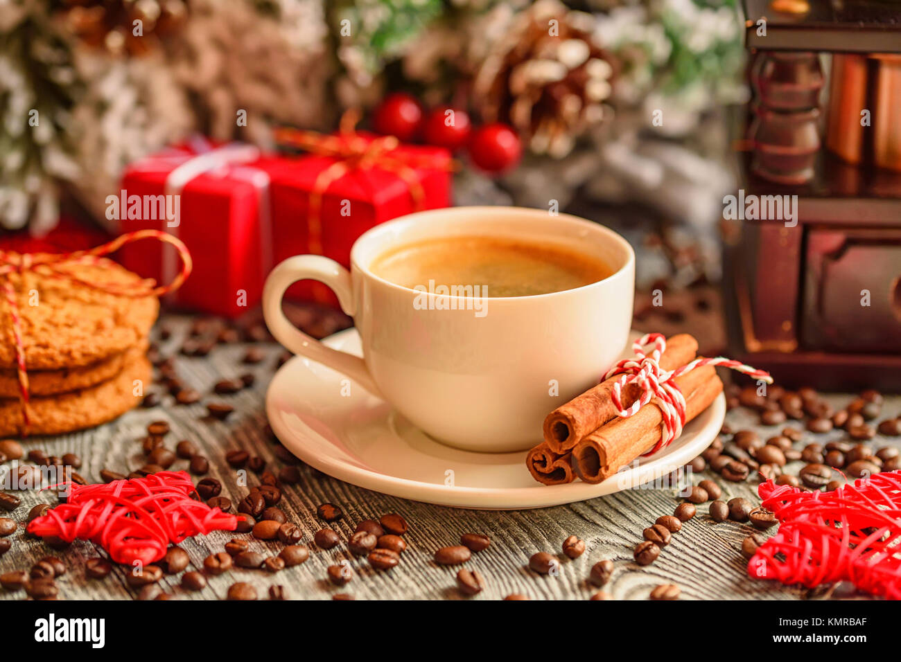 Cozy winter setting with cup of coffee Stock Photo - Alamy