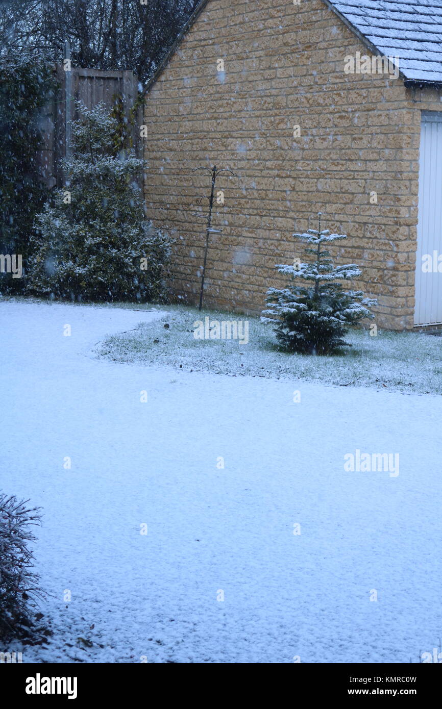 Showing soft snow covering over paved area with trees, part of a garage ...