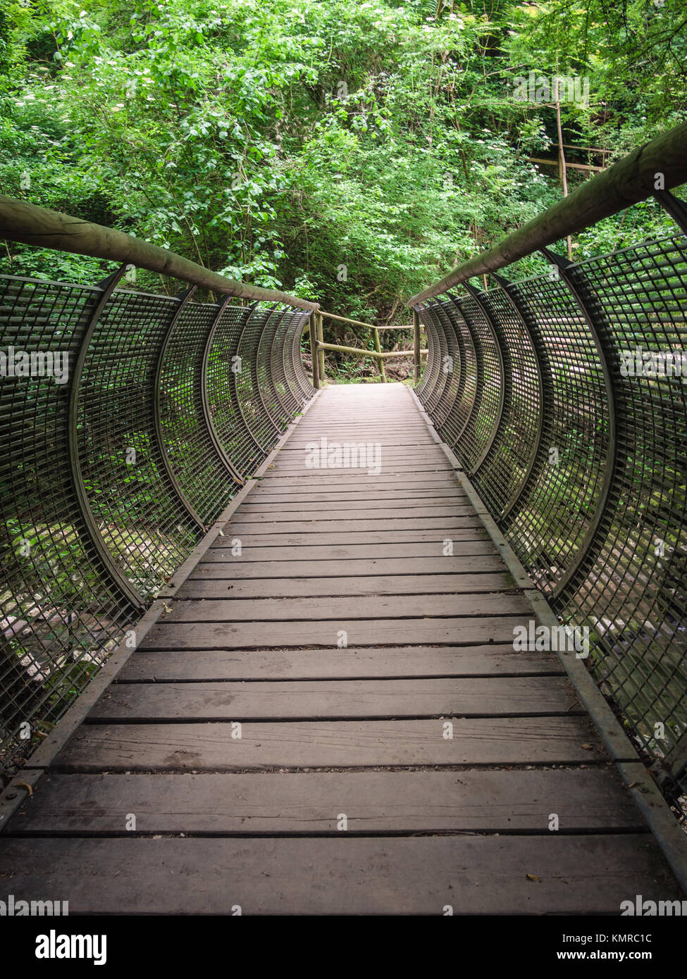 Characteristic pedestrian wooden bridge with a metal grating parapet ...