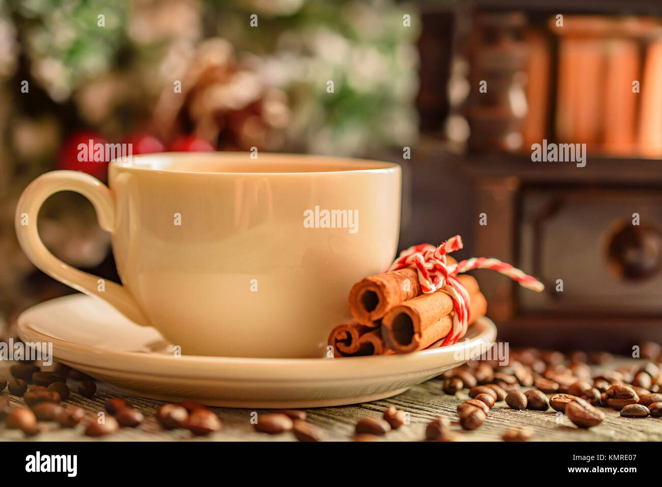 Cozy winter setting with cup of coffee Stock Photo - Alamy