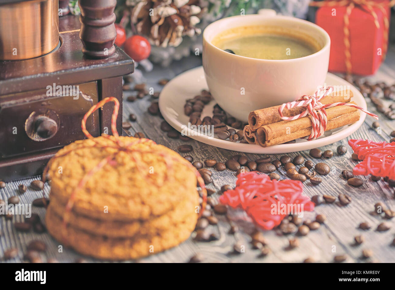 Cozy winter setting with cup of coffee Stock Photo - Alamy