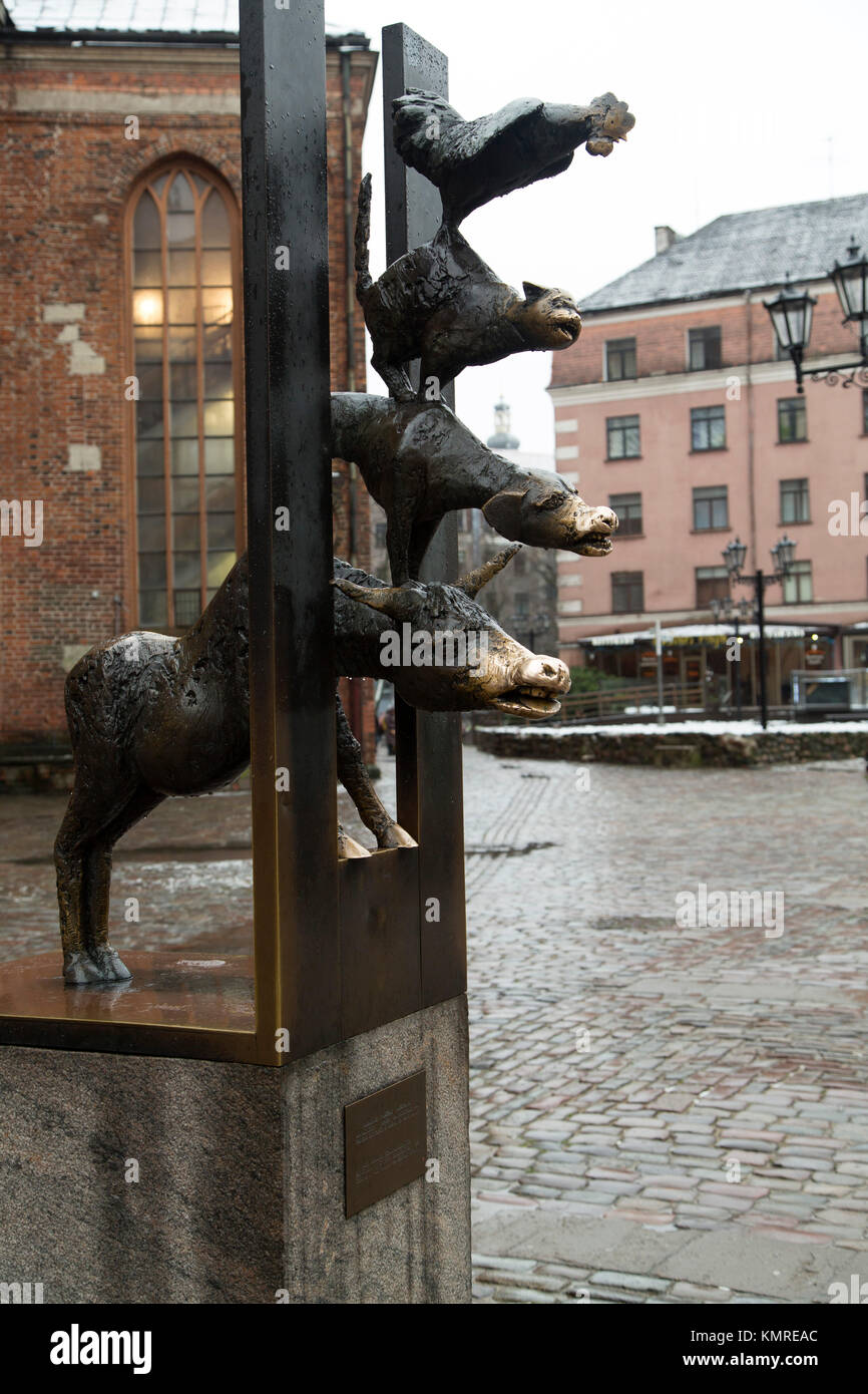 Musicians of Bremen statue in Riga, Latvia. The statue commemorates ...