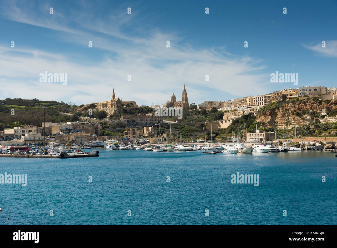 The harbour and ferry terminal at Mgarr on Gozo showing buildings anda ...
