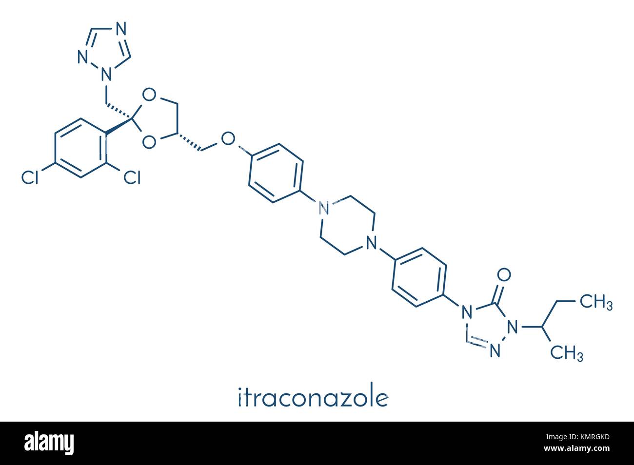 Itraconazole antifungal drug (triazole class) molecule. Skeletal ...