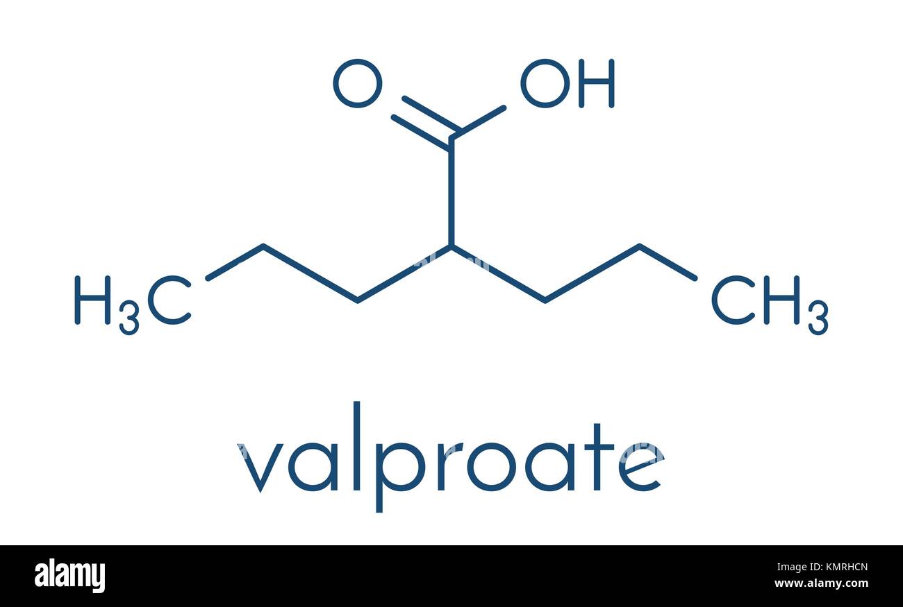 Valproic acid or valproate epilepsy (seizures) drug molecule. Skeletal ...