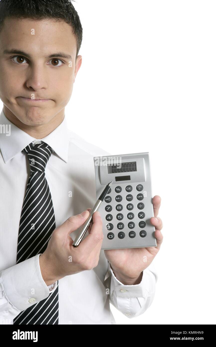 Businessman with calculator showing reports isolated on white Stock ...