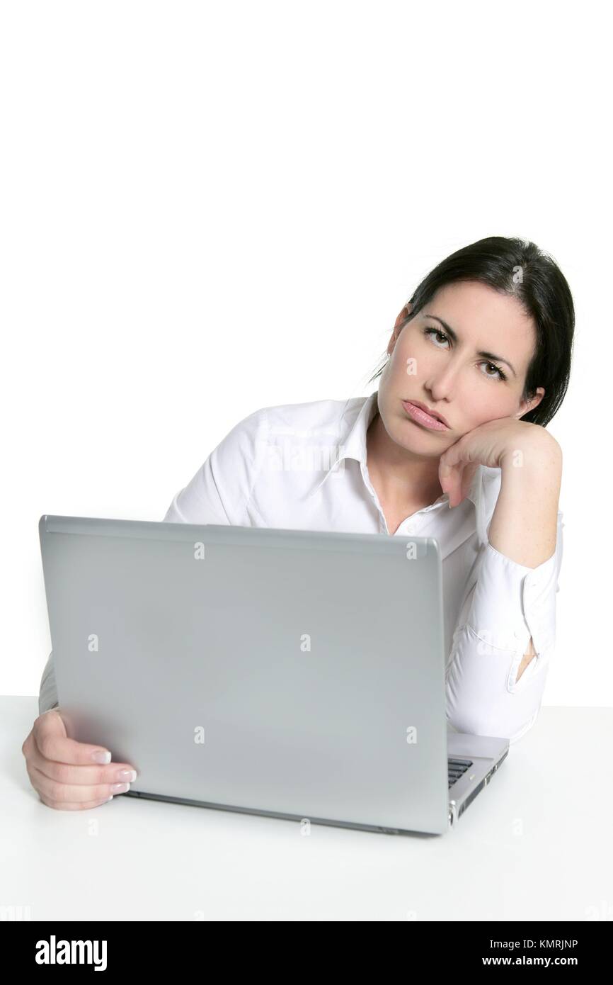 Angry sad bored woman laptop computer on white background Stock Photo ...
