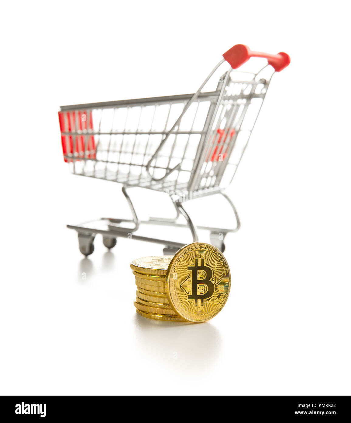Golden bitcoins. Cryptocurrency and shopping cart isolated on white ...